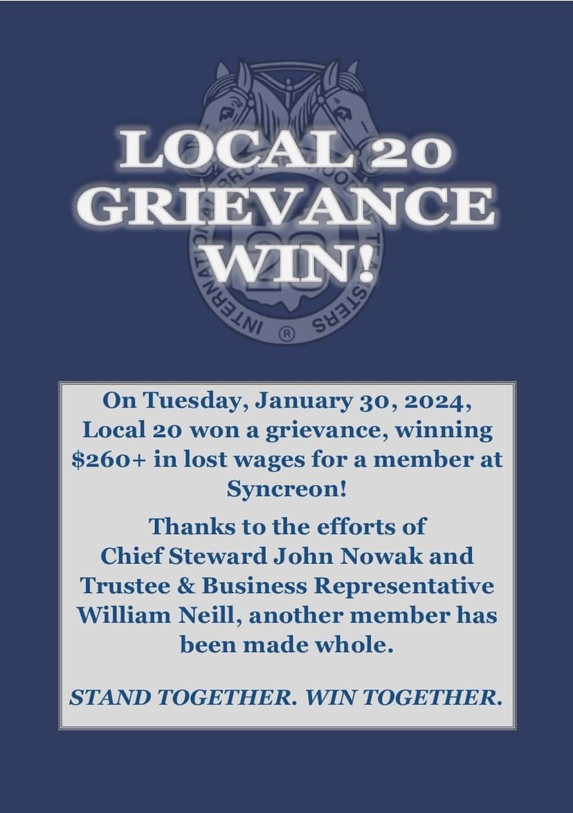 Another Local 20 Grievance Win!